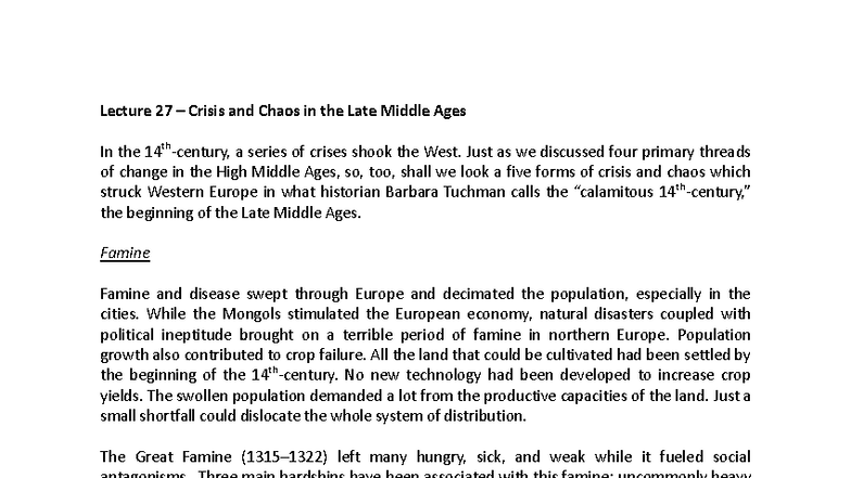 Crisis and Chaos in the Late Middle Ages: Lecture 27 Summary - Studocu