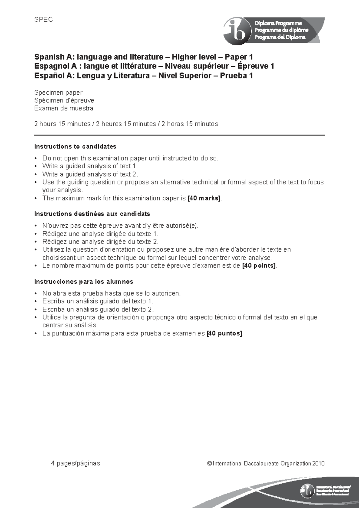 SPEC Spanish A: Language and Literature HL Paper 1 Specimen Exam ...