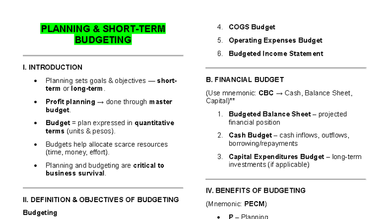 Planning and Short-Term Budgeting: Key Concepts and Techniques - Studocu