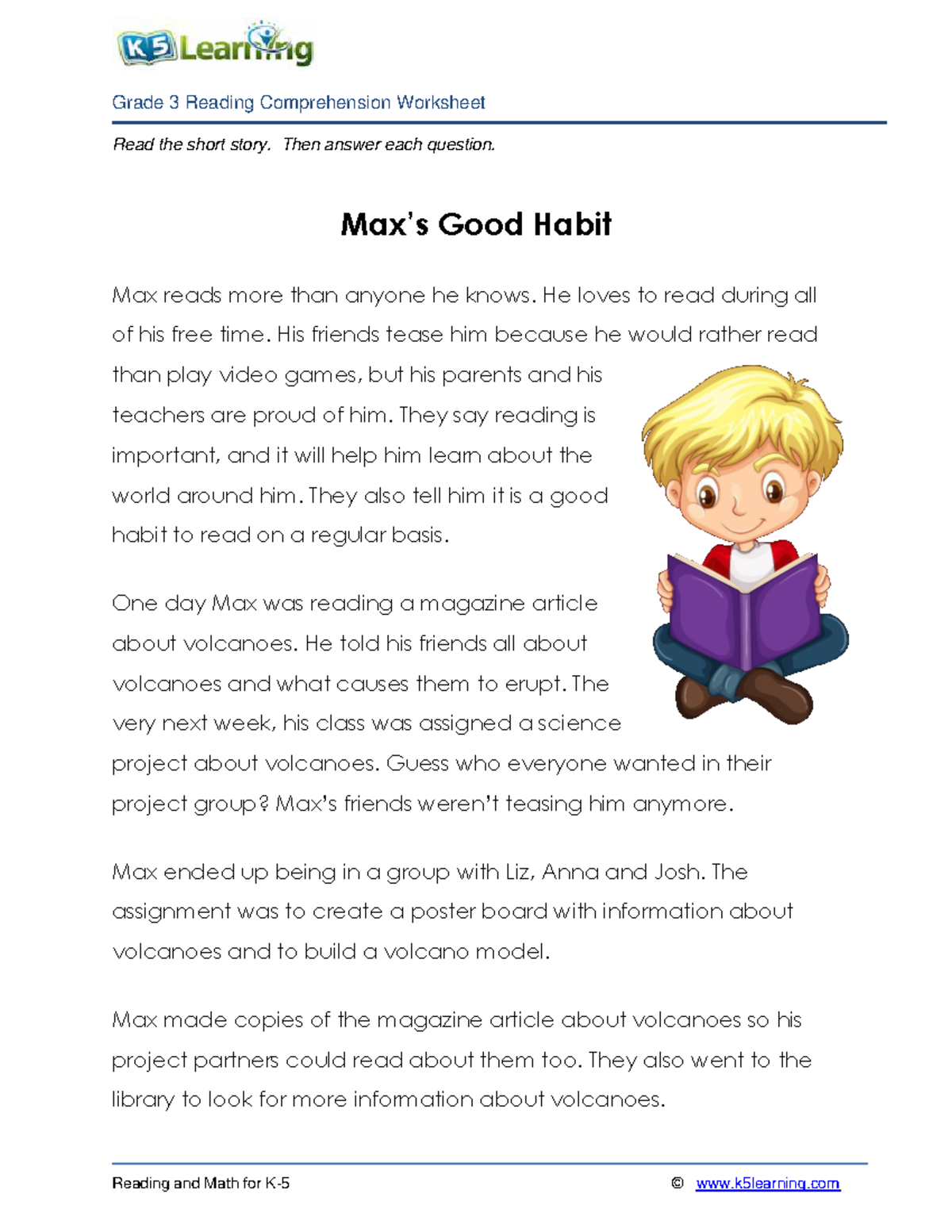 3rd grade 3 reading max good habit - Read the short story. Then answer each question. Max’s Good ...