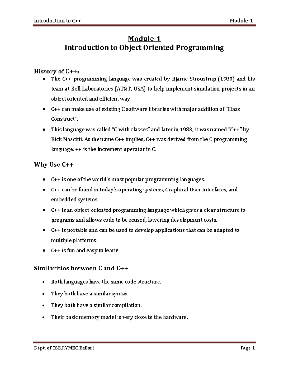 CSE101: Module 1 - Comprehensive Notes on Object Oriented Programming ...