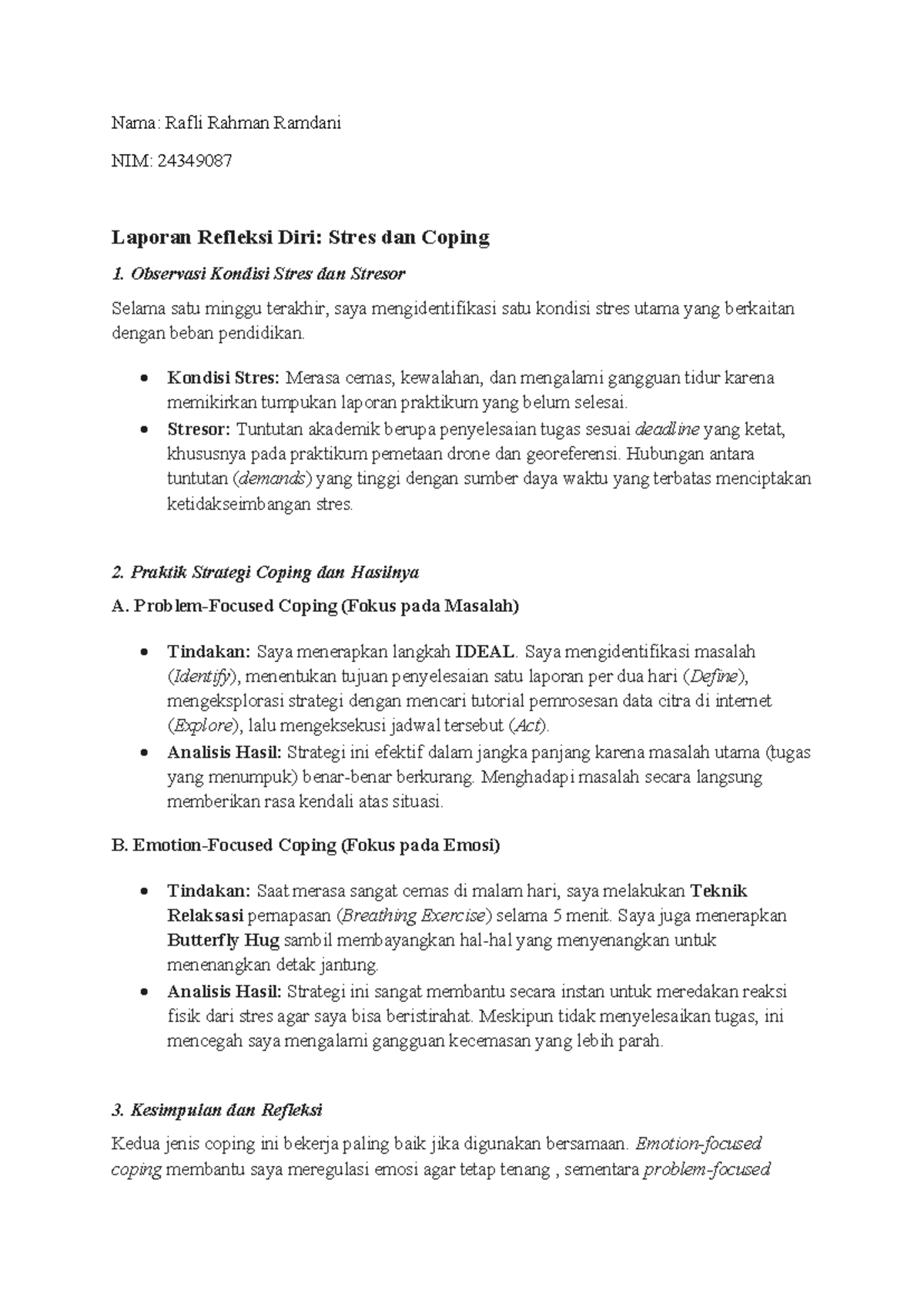 Refleksi Diri: Stres dan Coping dalam Pendidikan - NIM 24349087 - Studocu