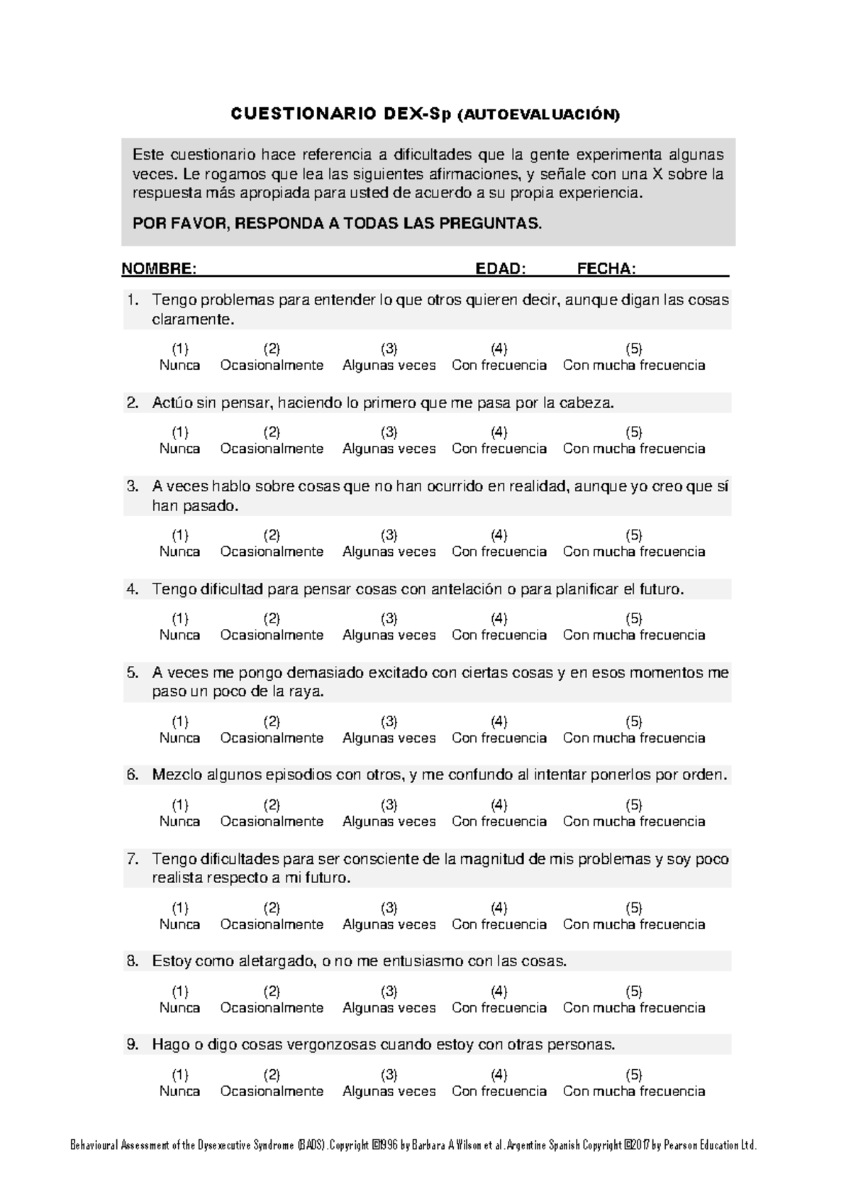 Cuestionario DEX - BADS: Plantilla y Corrección para AutEvaluación ...