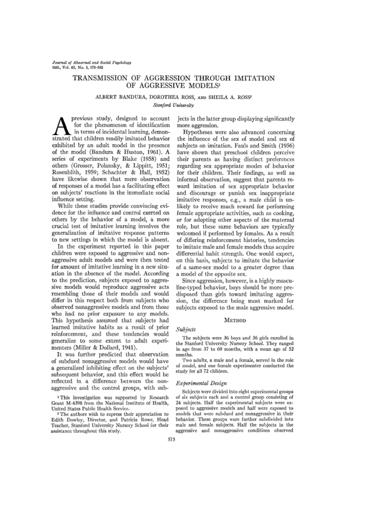 Bandura et al. (1961) - Imitation of Aggression in Children Study - Studocu