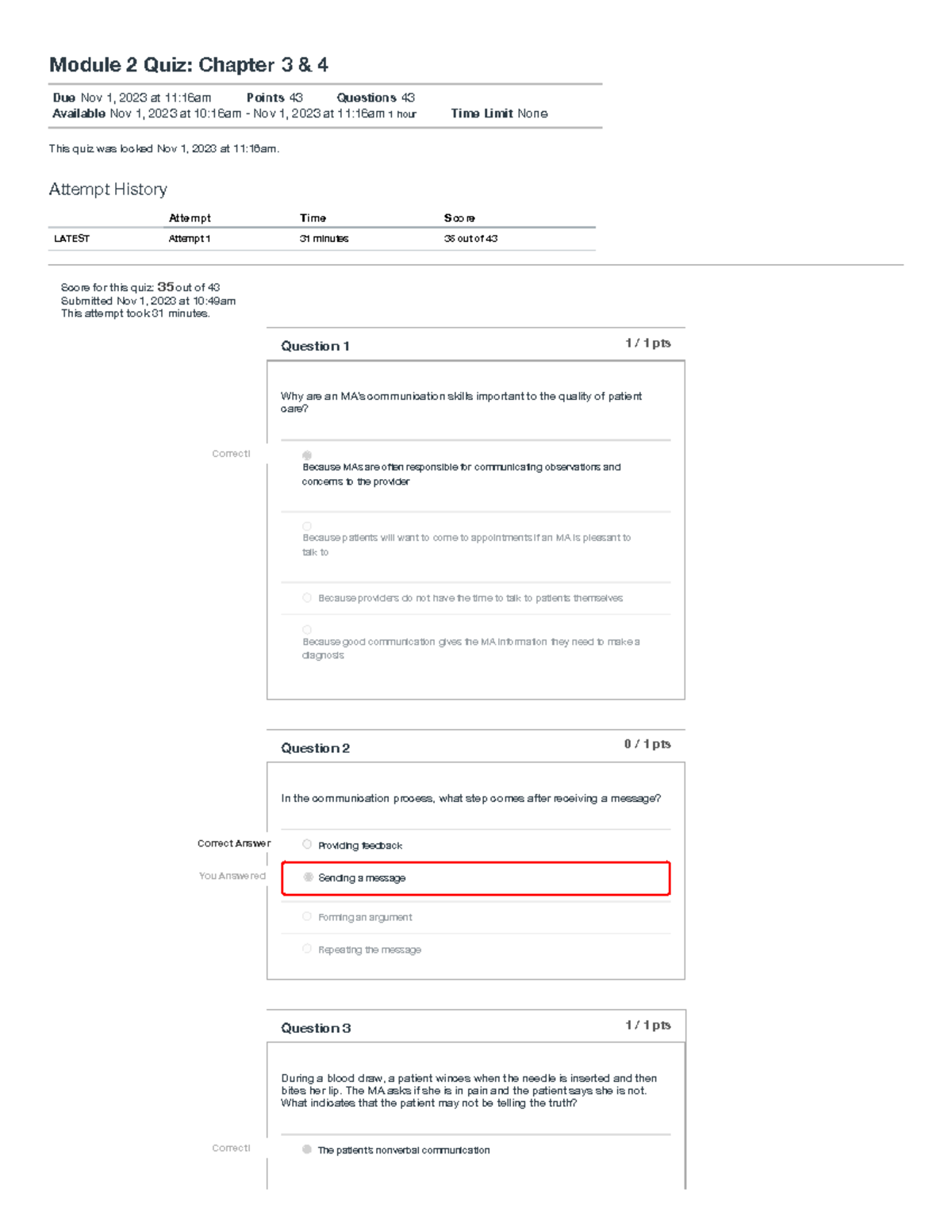 Module 2 Quiz: Communication & Patient Care, Chapters 3 & 4 MA-101623 ...