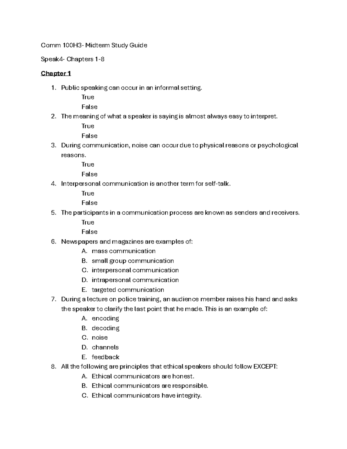 Comm 100H3 - Midterm Study Guide: Key Concepts from Chapters 1-8 - Studocu