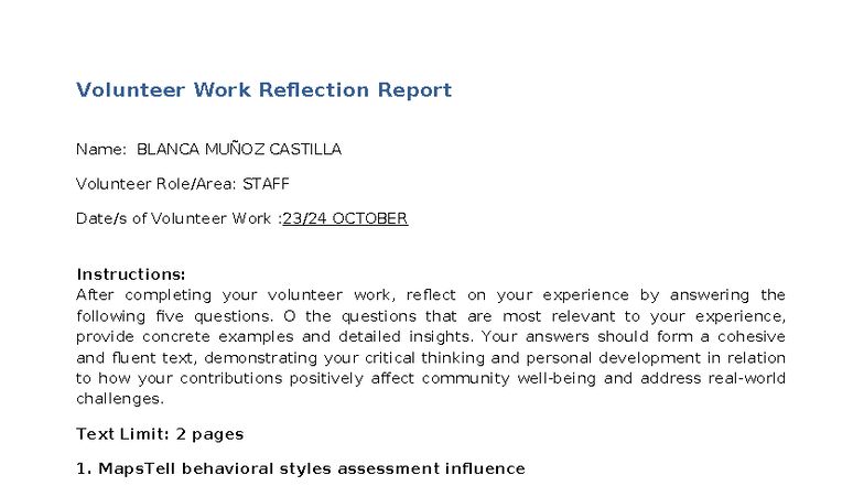 Volunteer Work Reflection Report: Insights & Impact Analysis - Studocu