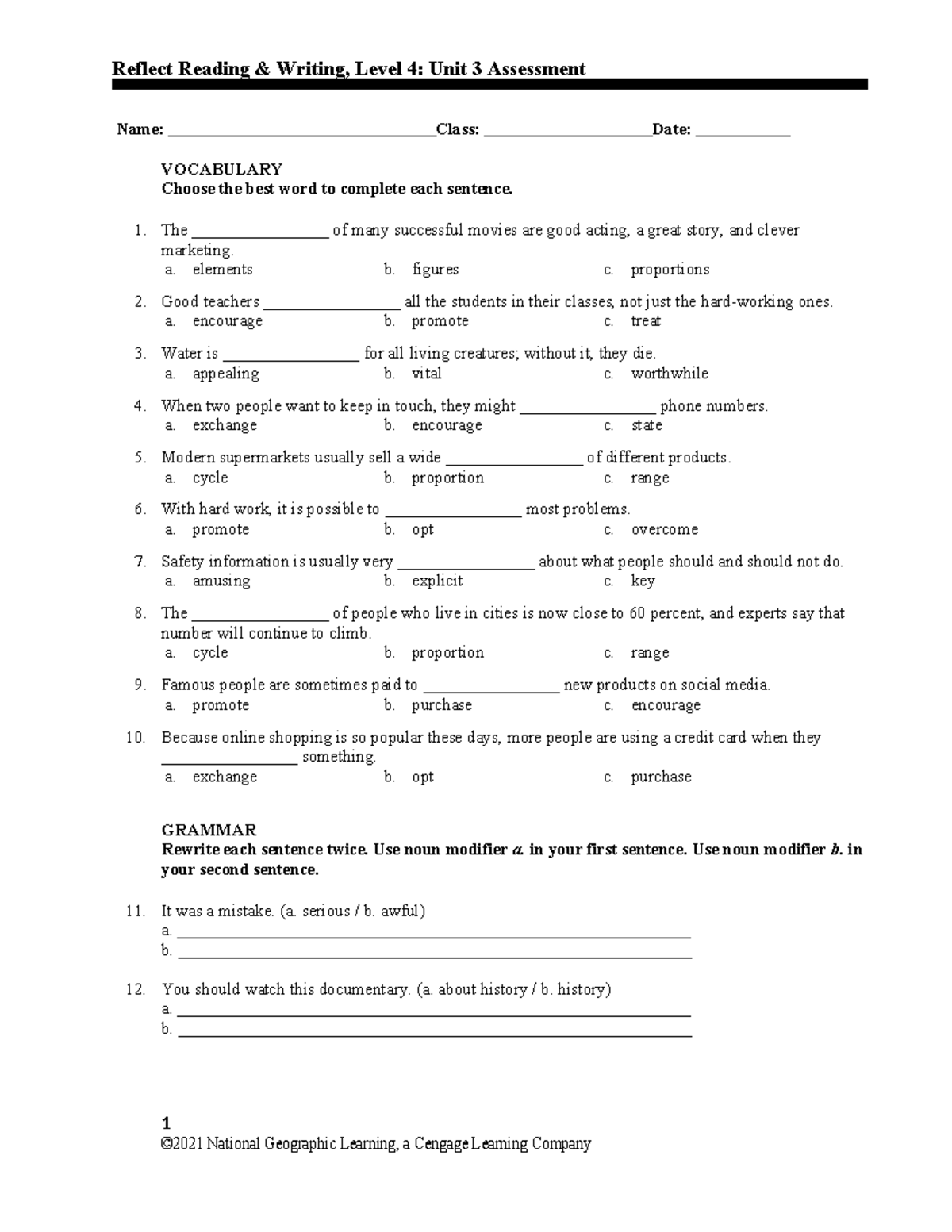 Reflect Reading & Writing Level 4: Unit 3 Test - Studocu