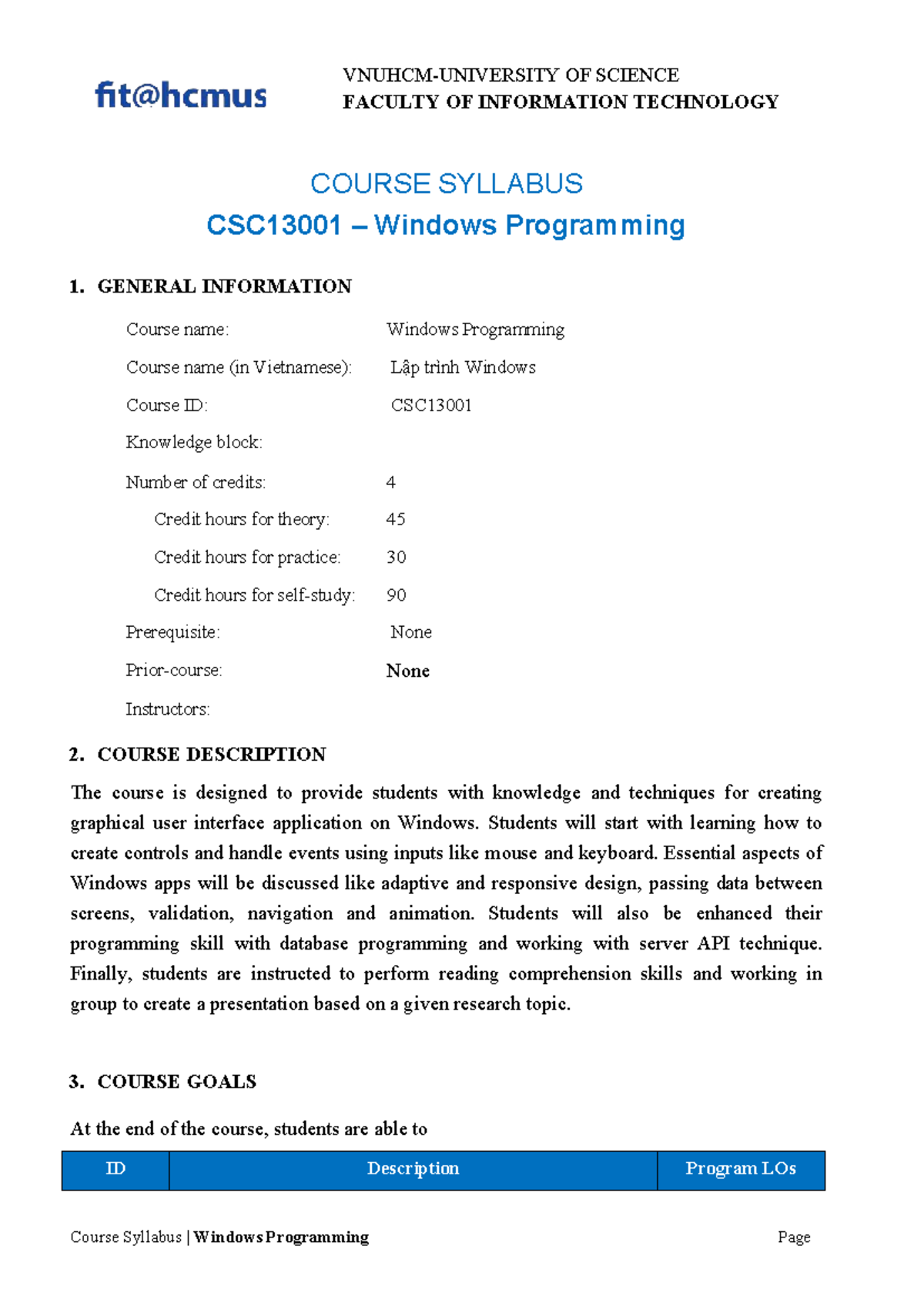 CSC13001 Windows programming course syllabus and overview - Studocu