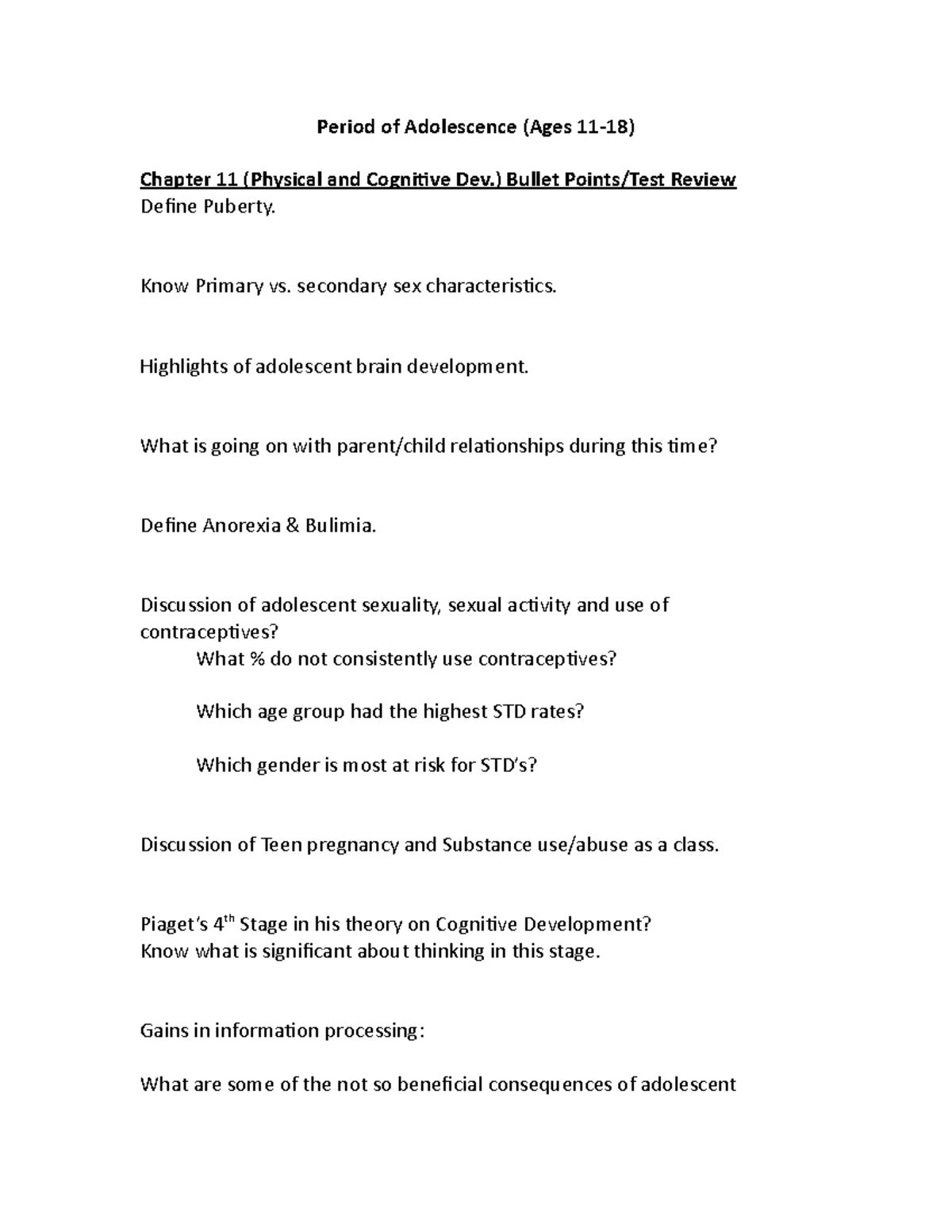 Chapter 11-14 Outlines 3rd edition - Period of Adolescence (Ages 11-18 ...