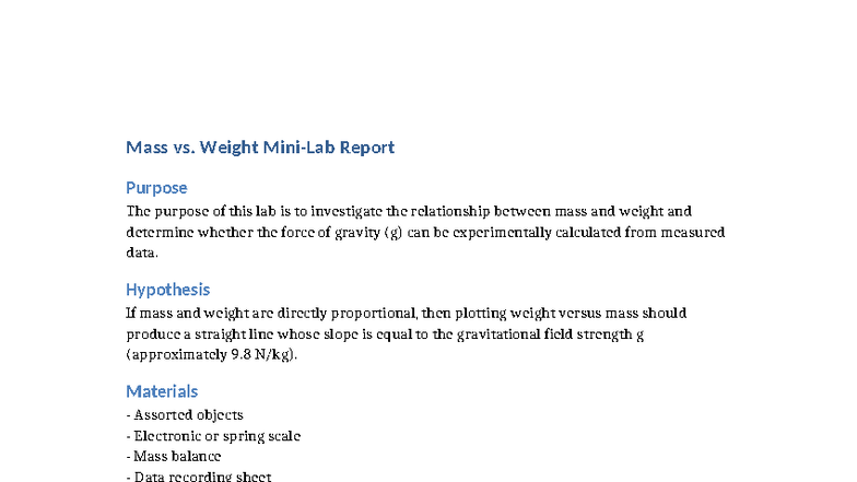 Mass vs. Weight Lab Report: Investigating Gravity's Force - Studocu