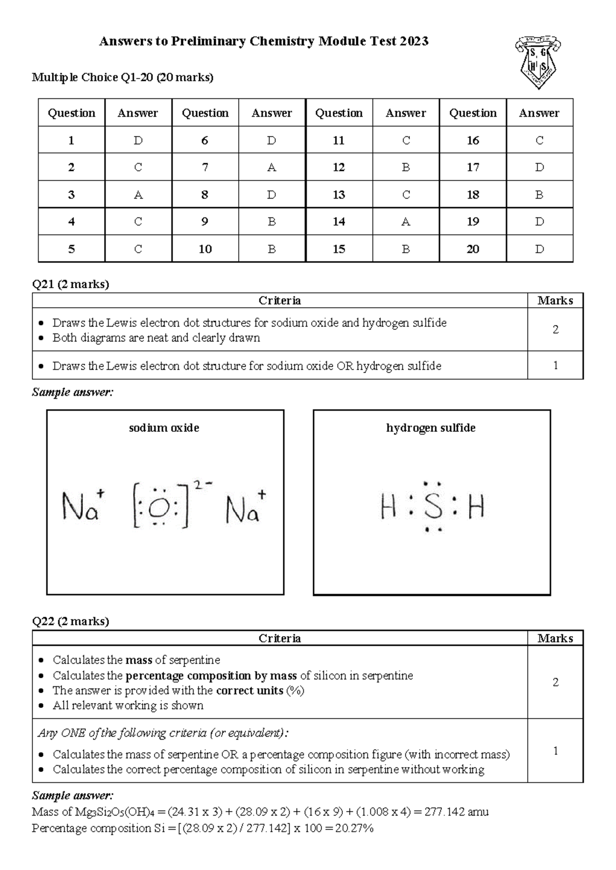Preliminary Chemistry Module Test 2023: Answer Key & Solutions - Studocu