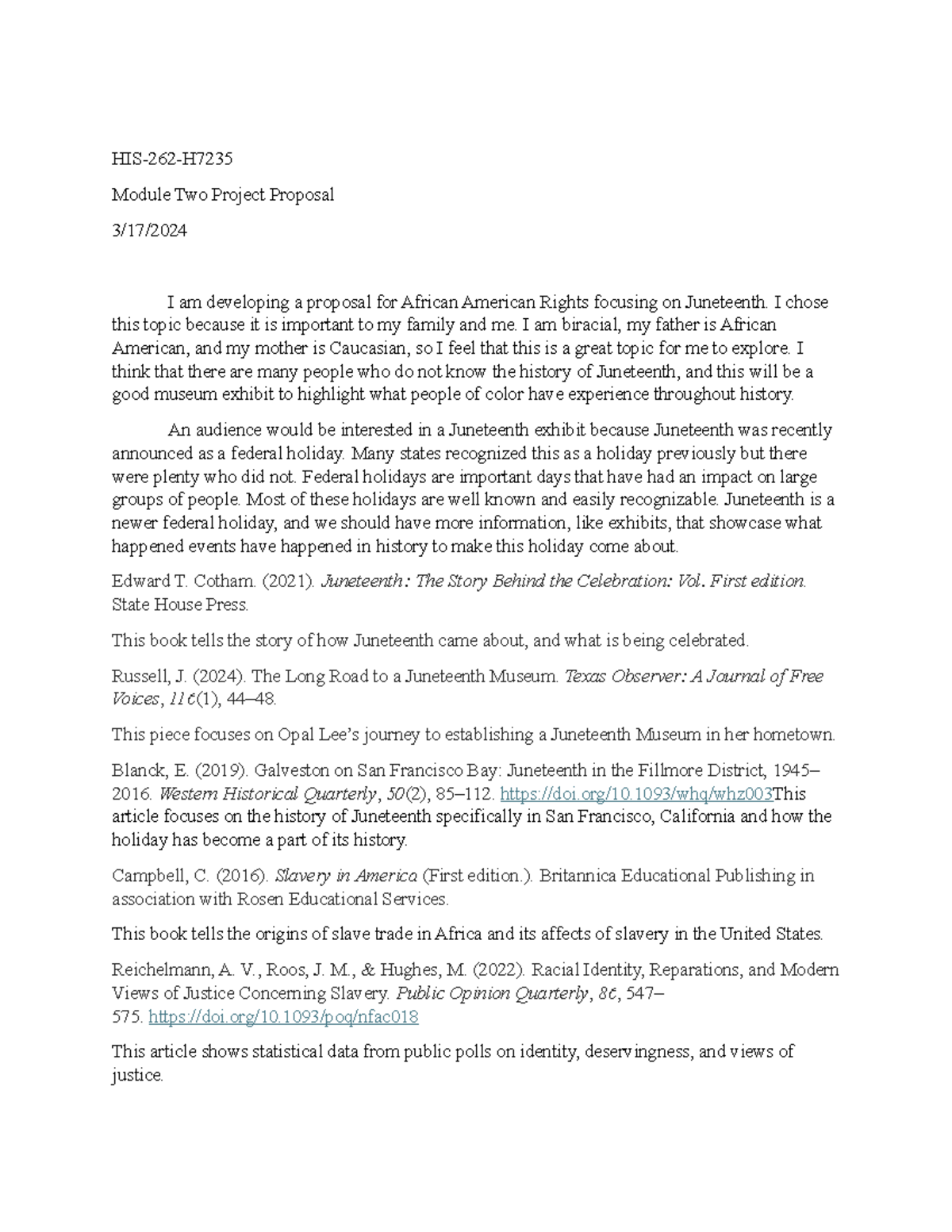 HIS262 Juneteenth Exhibit Project Proposal and Historical Overview ...