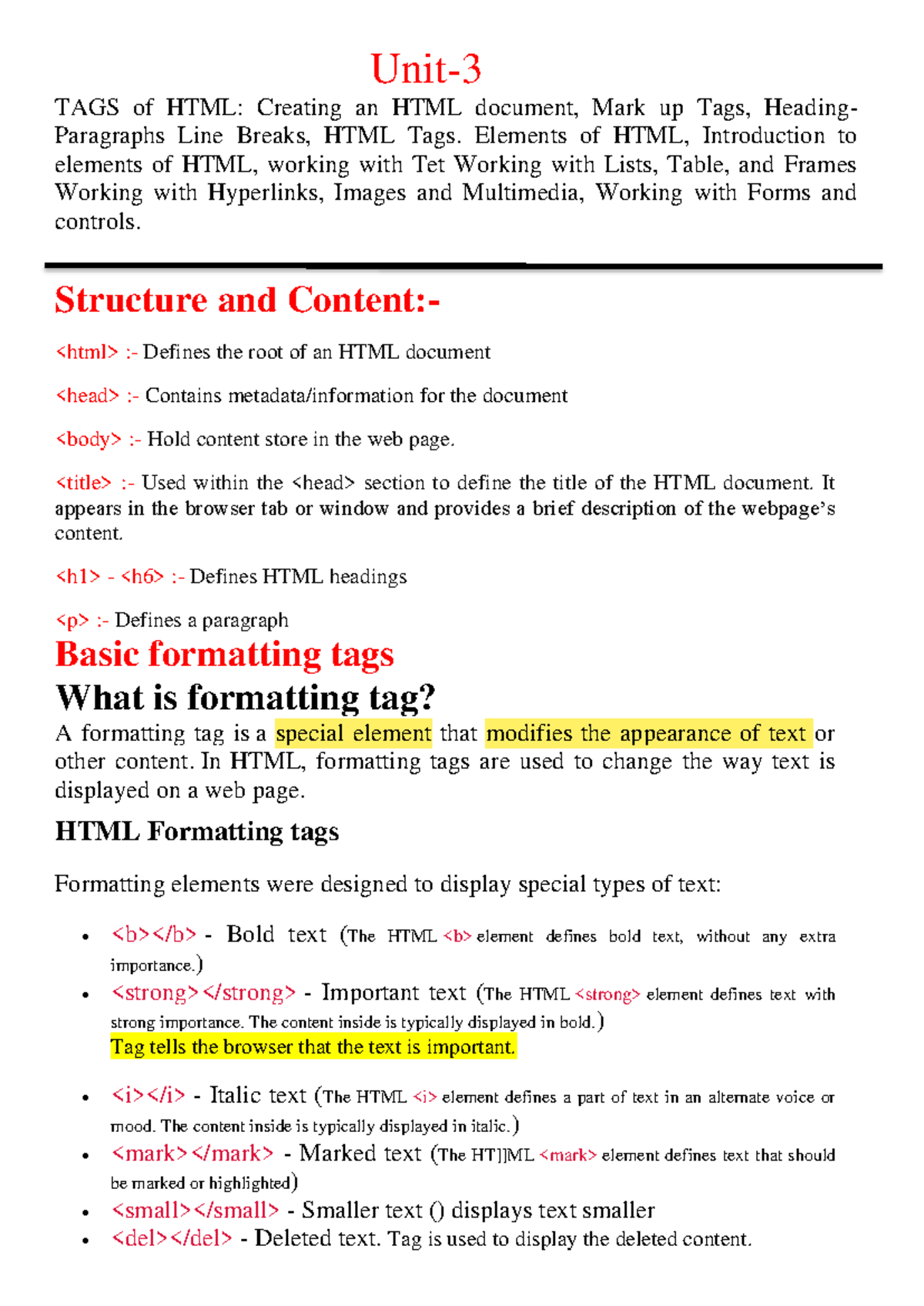 HTML Basics: Tags, Elements, and Multimedia (CS101 - Unit 3) - Studocu