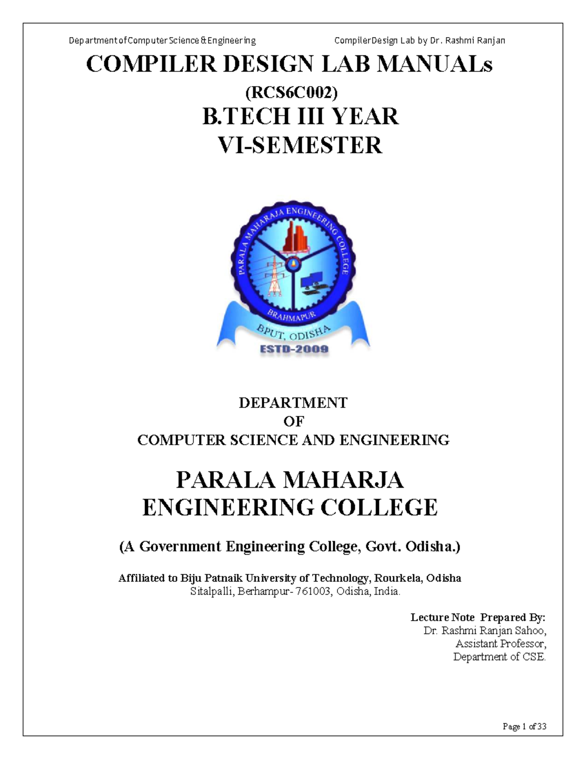 Compiler design lab manual (RCS6C002) by Dr. Rashmi Ranjan Sahoo - Studocu