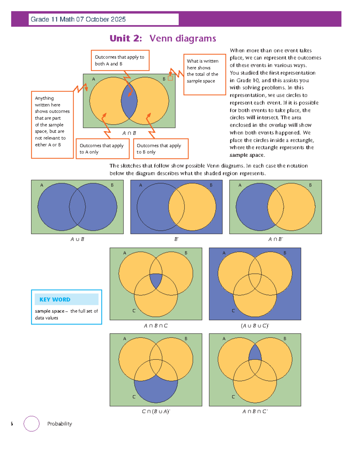 Grade 11 Math 07 Oct 2025 Unit 2: Venn Diagrams and Outcomes - Studocu
