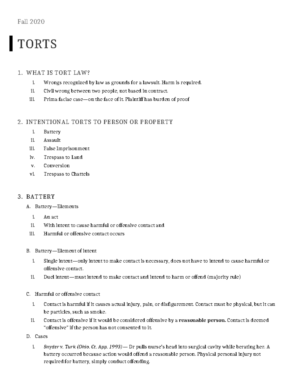 Torts Outline - Fall 2020 Comprehensive Summary of Key Legal Concepts ...