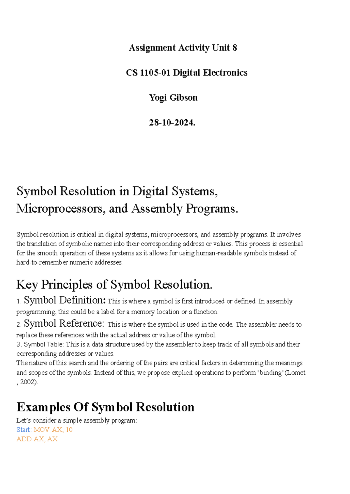 Assignment Activity Unit 8 Digital electronices - Assignment Activity Unit 8 CS 1105-01 Digital ...