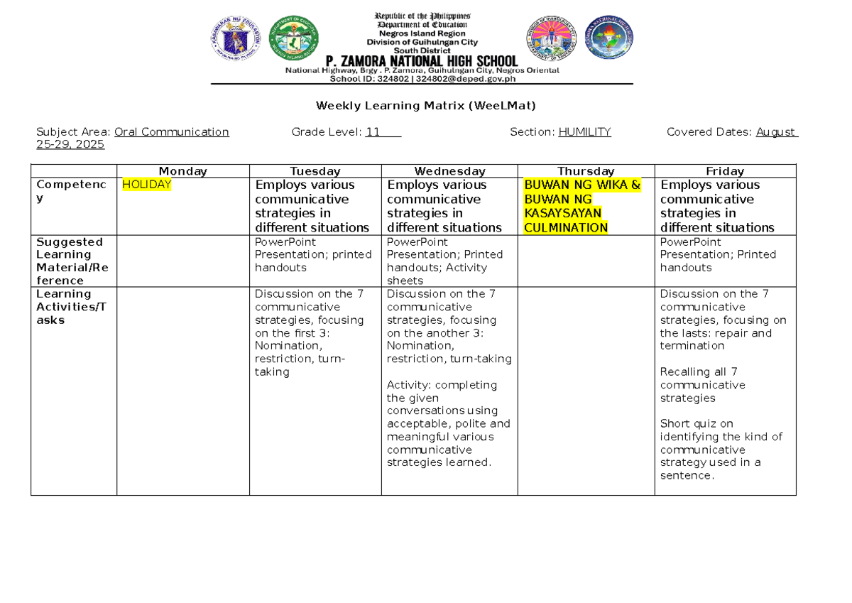 OC 2025 Weekly Learning Matrix (WeeLMat) for Aug 25-29 - Studocu