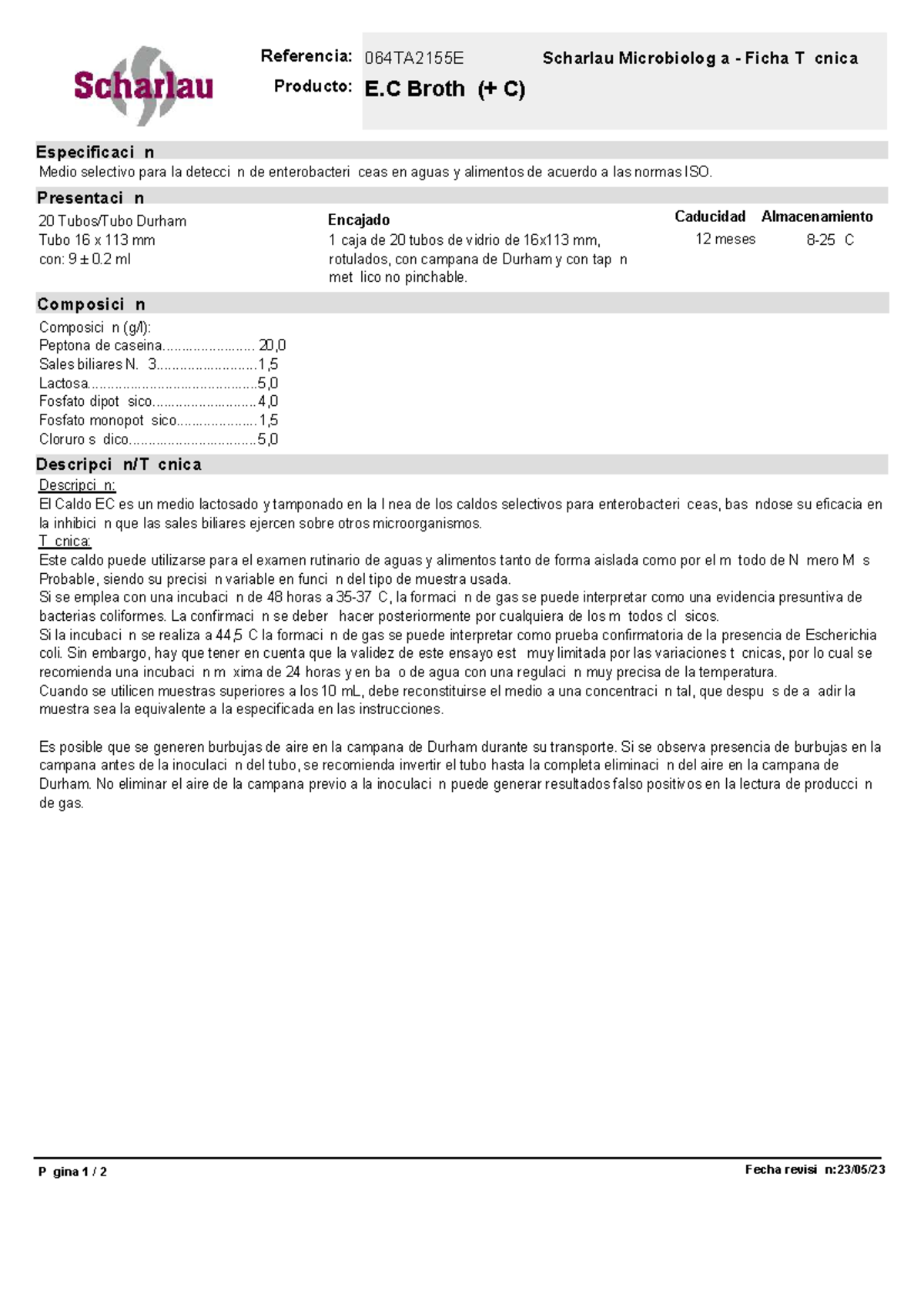 Ficha Técnica: E.C Broth Scharlau para Detección de Enterobacteriáceas ...