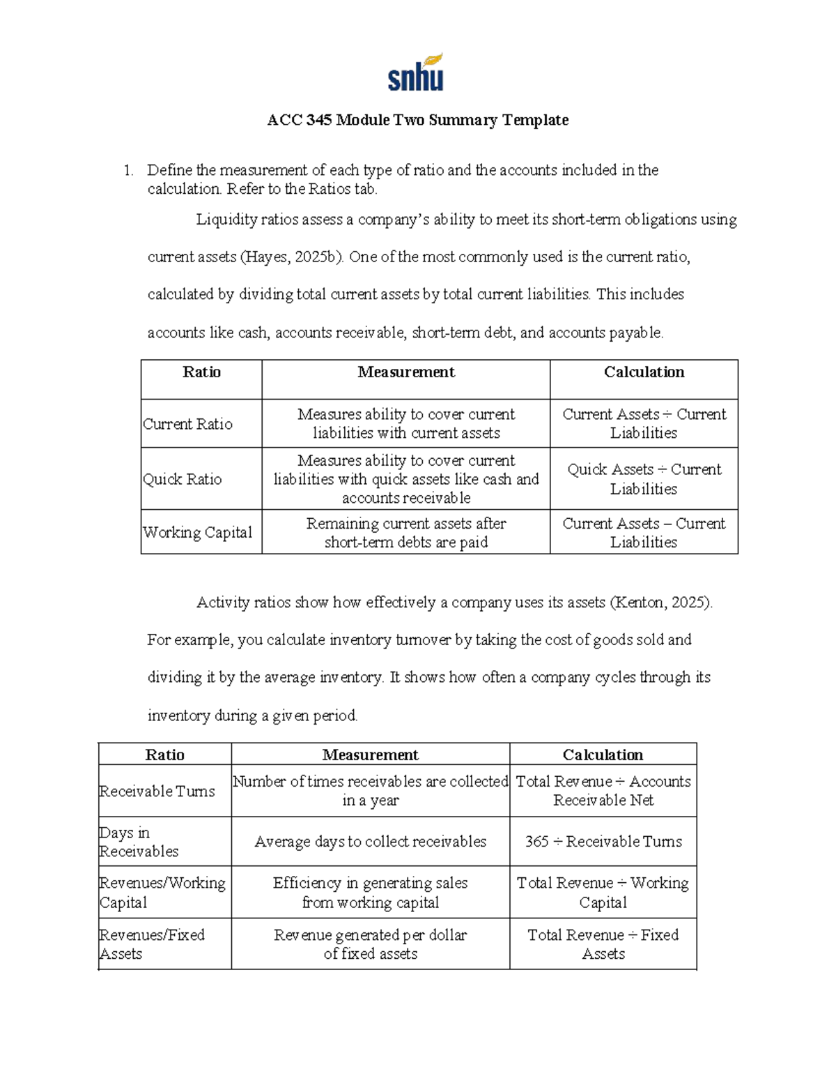 ACC 345 Module Two Summary: Understanding Financial Ratios - Studocu