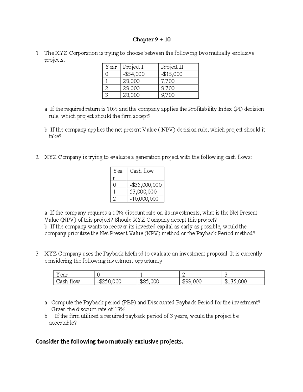 Chapter 9 & 10 Solutions - XYZ Corp Project Evaluation - Studocu