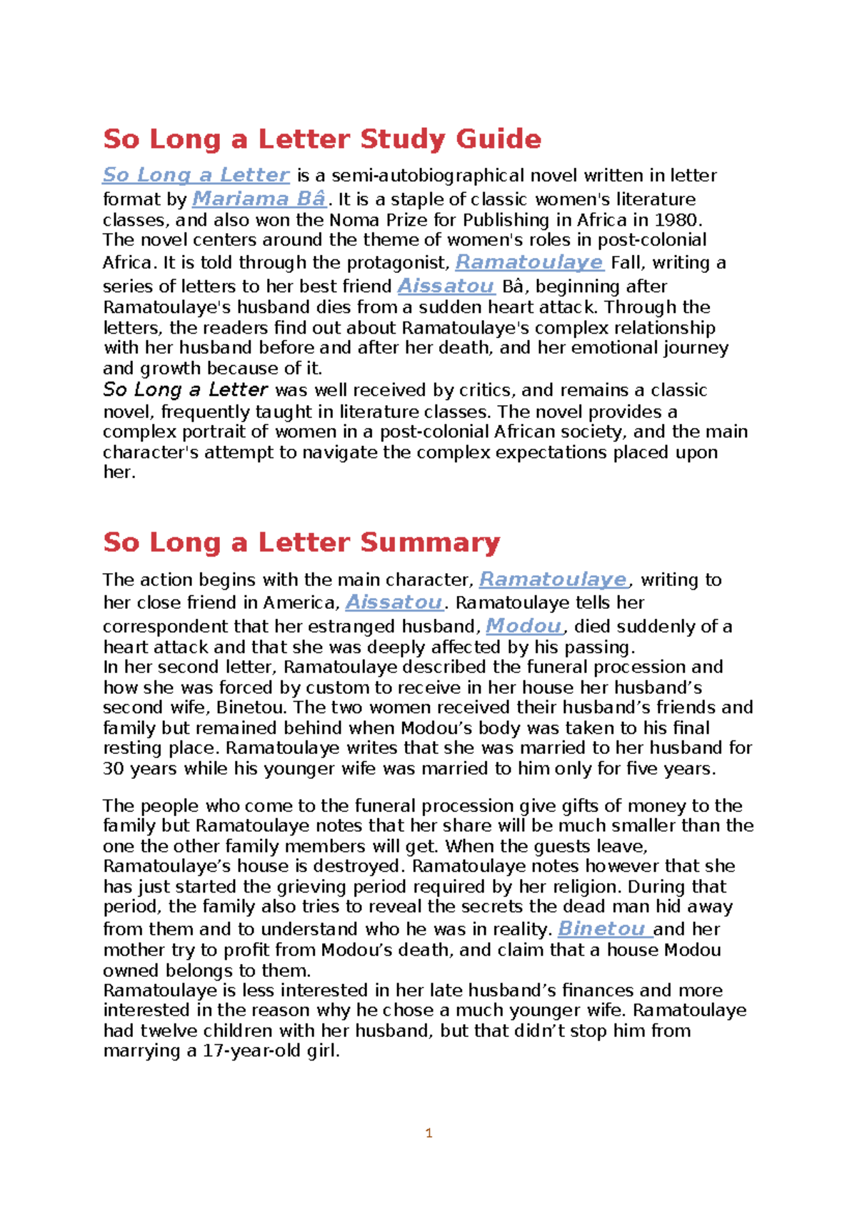 So Long a Letter Study Guide - It is a staple of classic women's ...