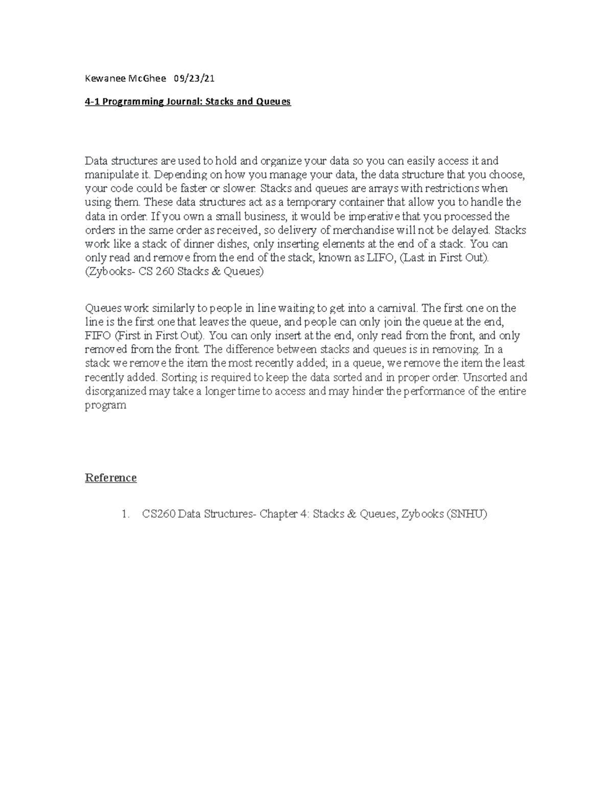 CS260 4 1 Programming Journal kewanee mcghee - Kewanee McGhee 09/23/ 4-1 Programming Journal ...