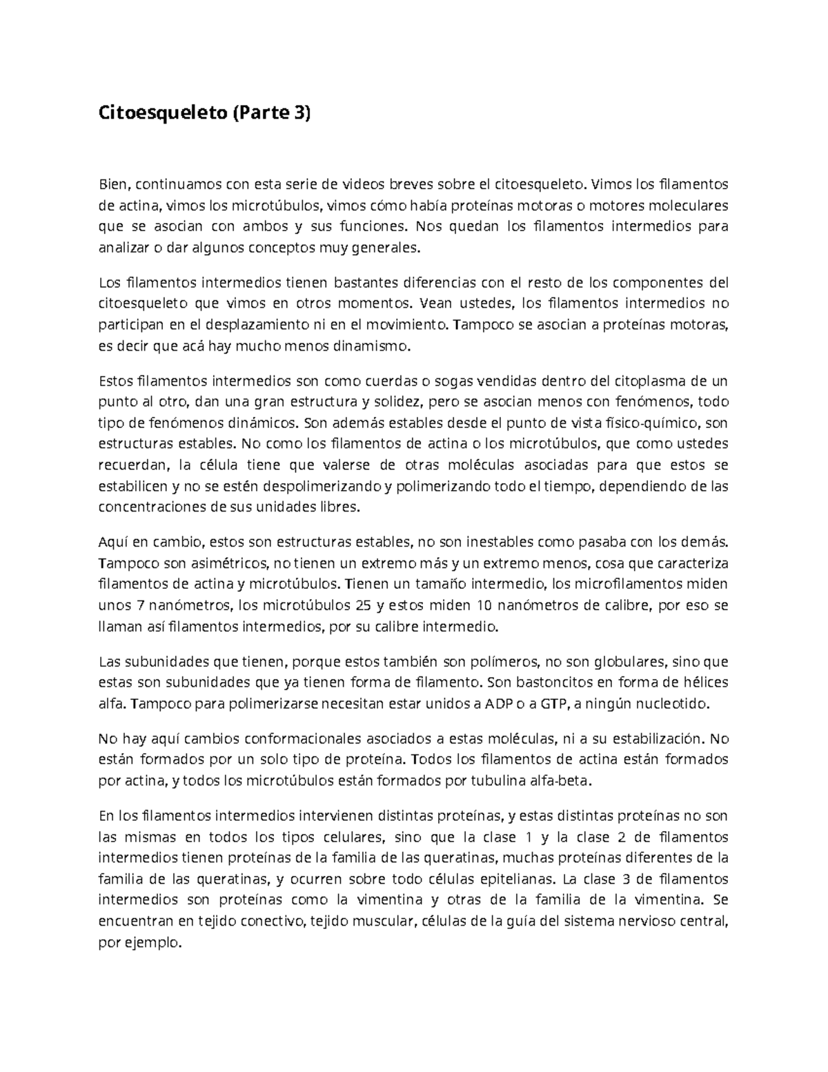 Citoesqueleto: Filamentos Intermedios y sus Funciones (Parte 3) - Studocu