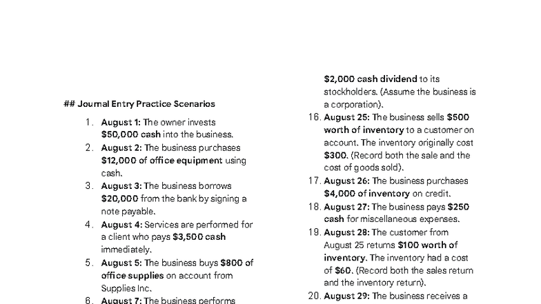 Journal Entries Practice Scenarios for ACCT 101 - Studocu