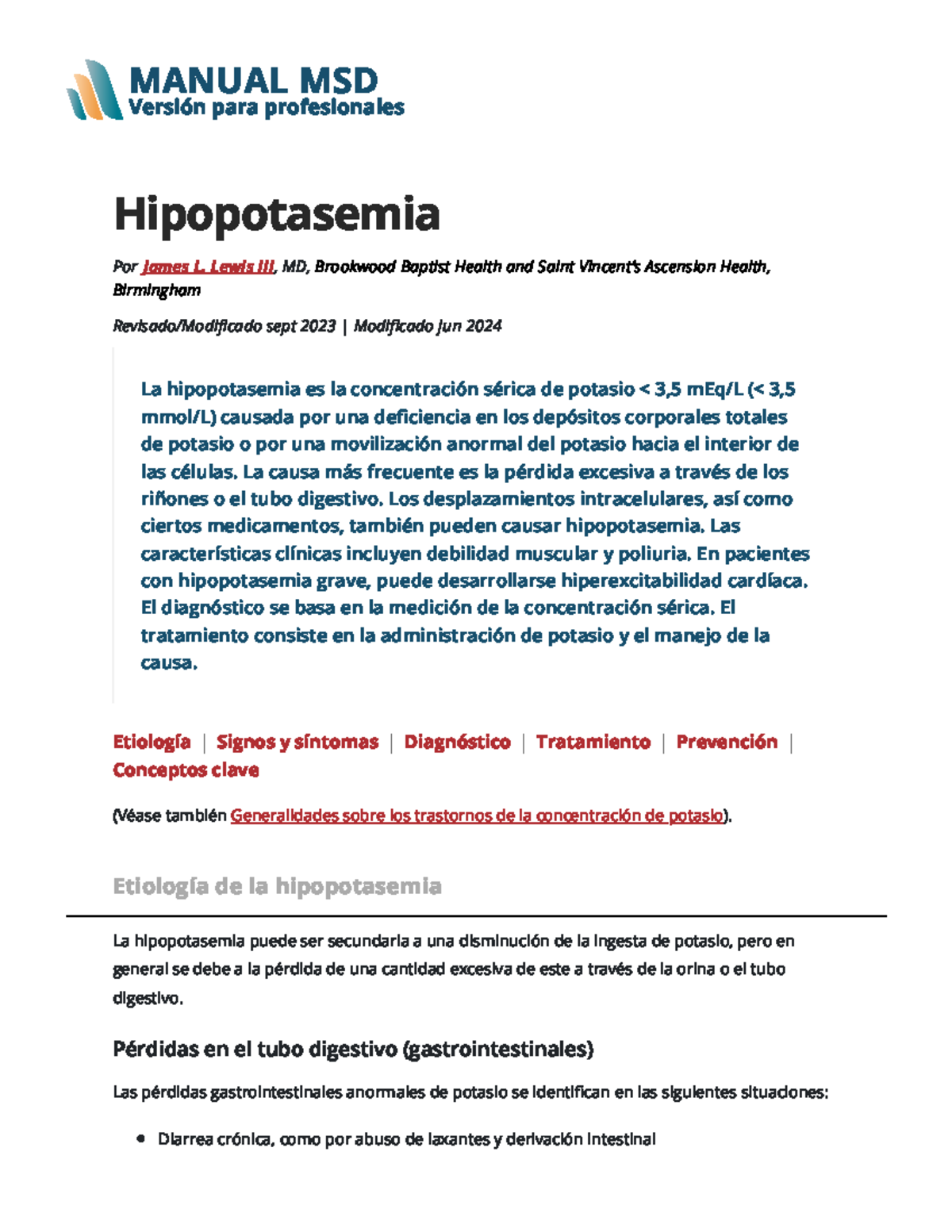 Hipopotasemia: Diagnóstico y Tratamiento - Manual MSD para ...