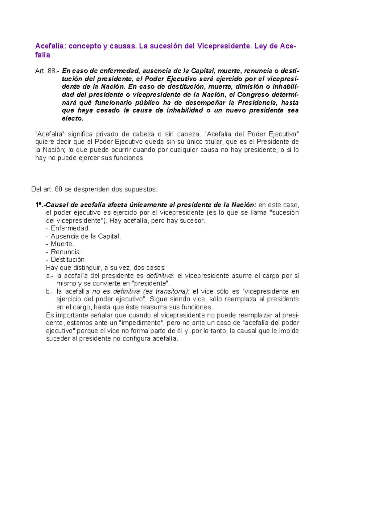 Acefalía del Poder Ejecutivo: Causas y Sucesiones según Art. 88 - Studocu