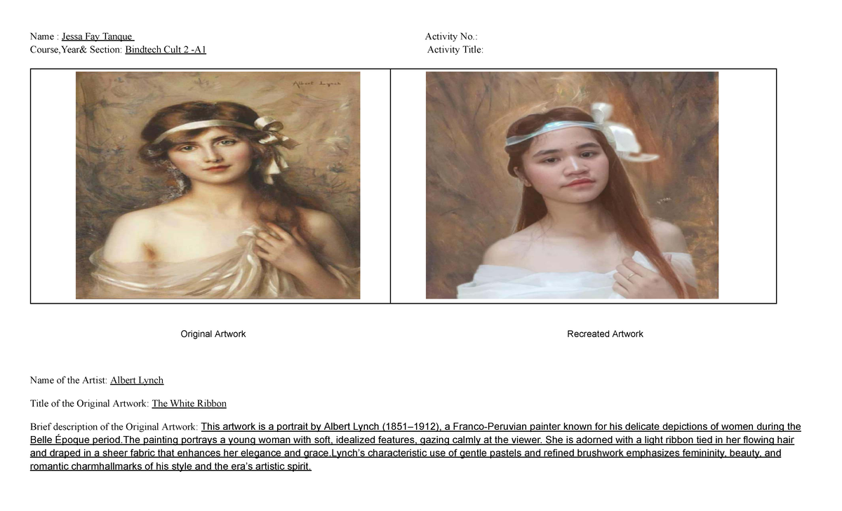 ART Appreciation - Bindtech Cult Recreated Artwork Activities - Studocu