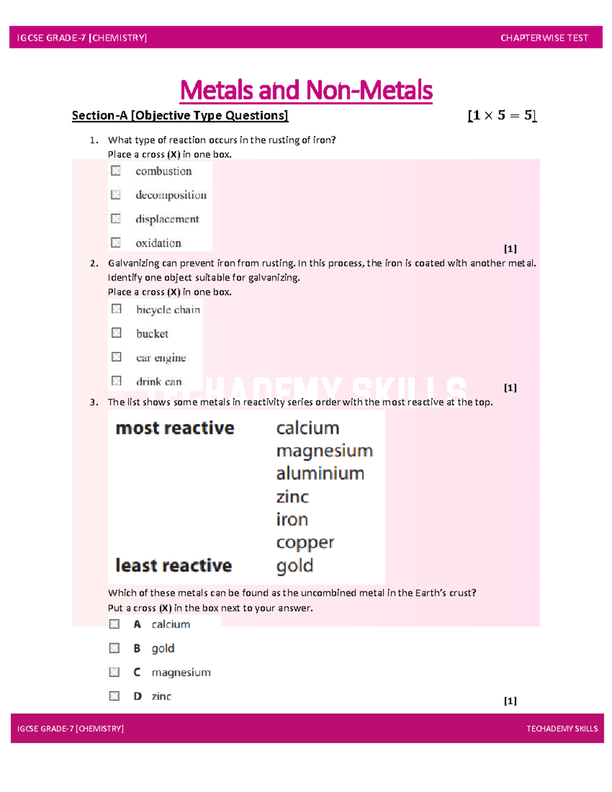 IGCSE CHAPTERWISE TEST: Metals and Non-Metals Overview - Studocu
