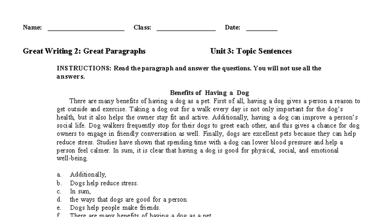 Great Writing 2: Unit 3 Test on Topic Sentences and Paragraphs - Studocu