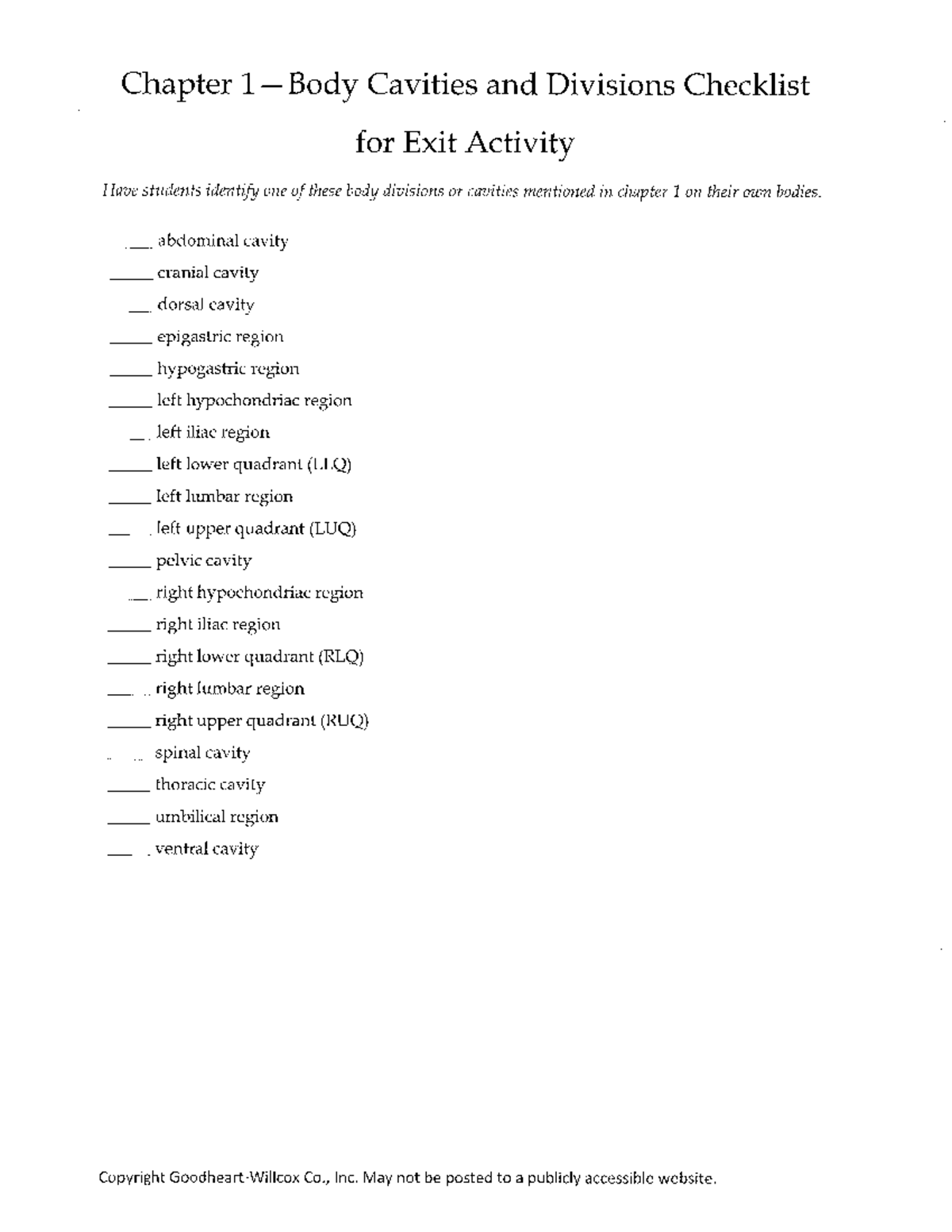 Ch 1 Body Cavities & Divisions Checklist for Exit Activity - Studocu