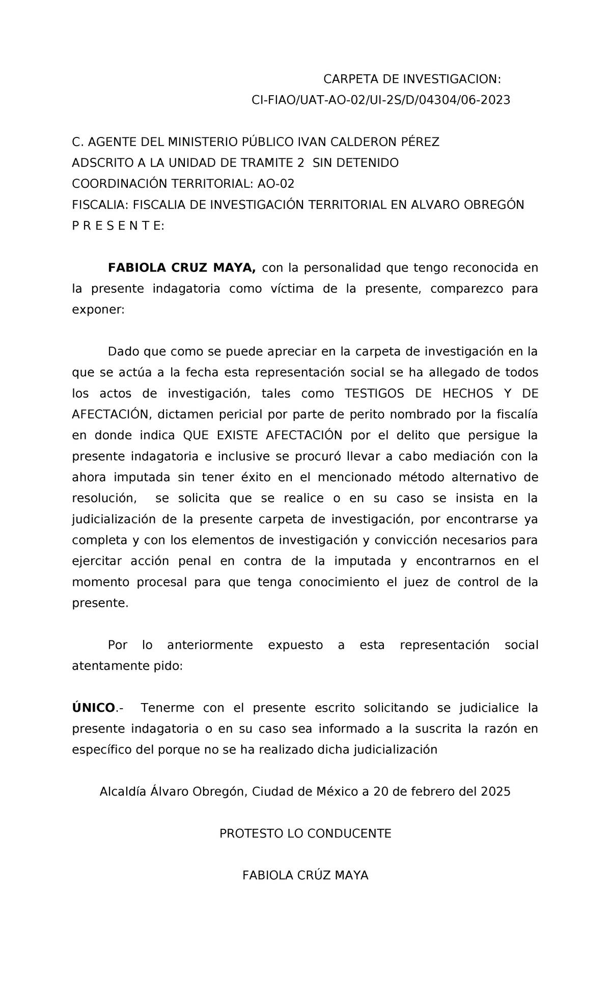 Solicitud De Judicialización En Carpeta De Investigación Ci Fiao Uat Ao