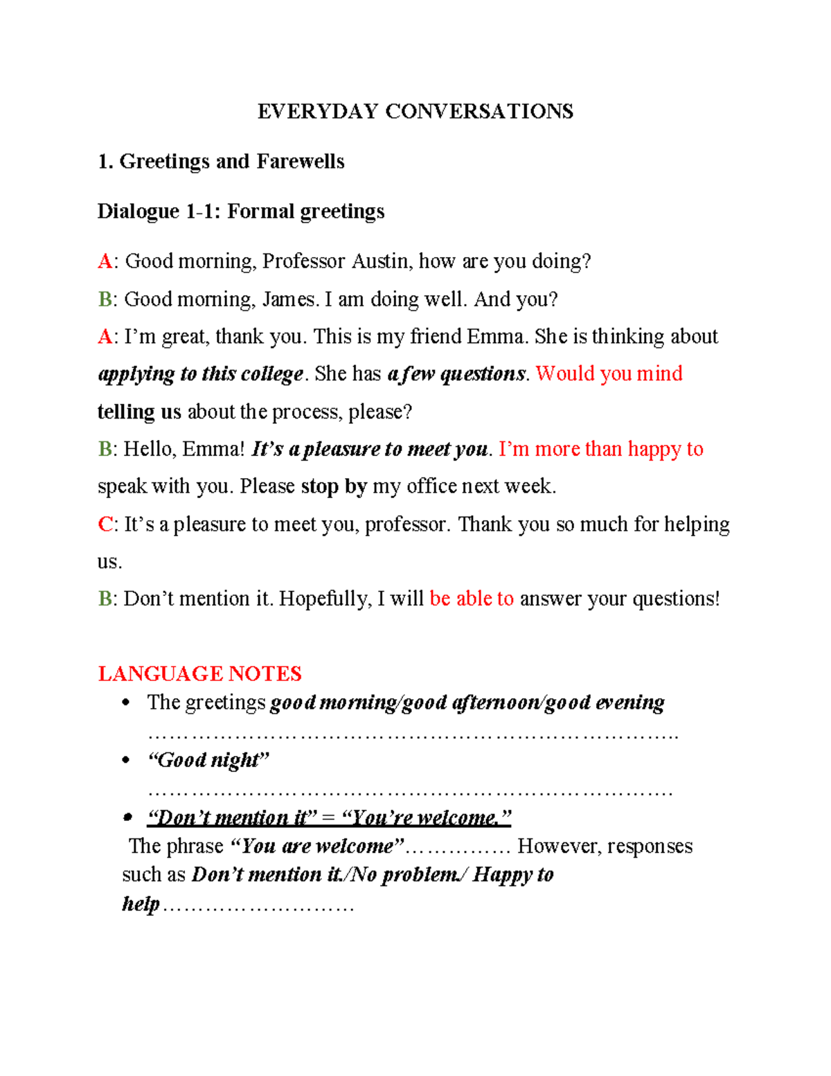 Everyday Conversations - EVERYDAY CONVERSATIONS Greetings and Farewells ...