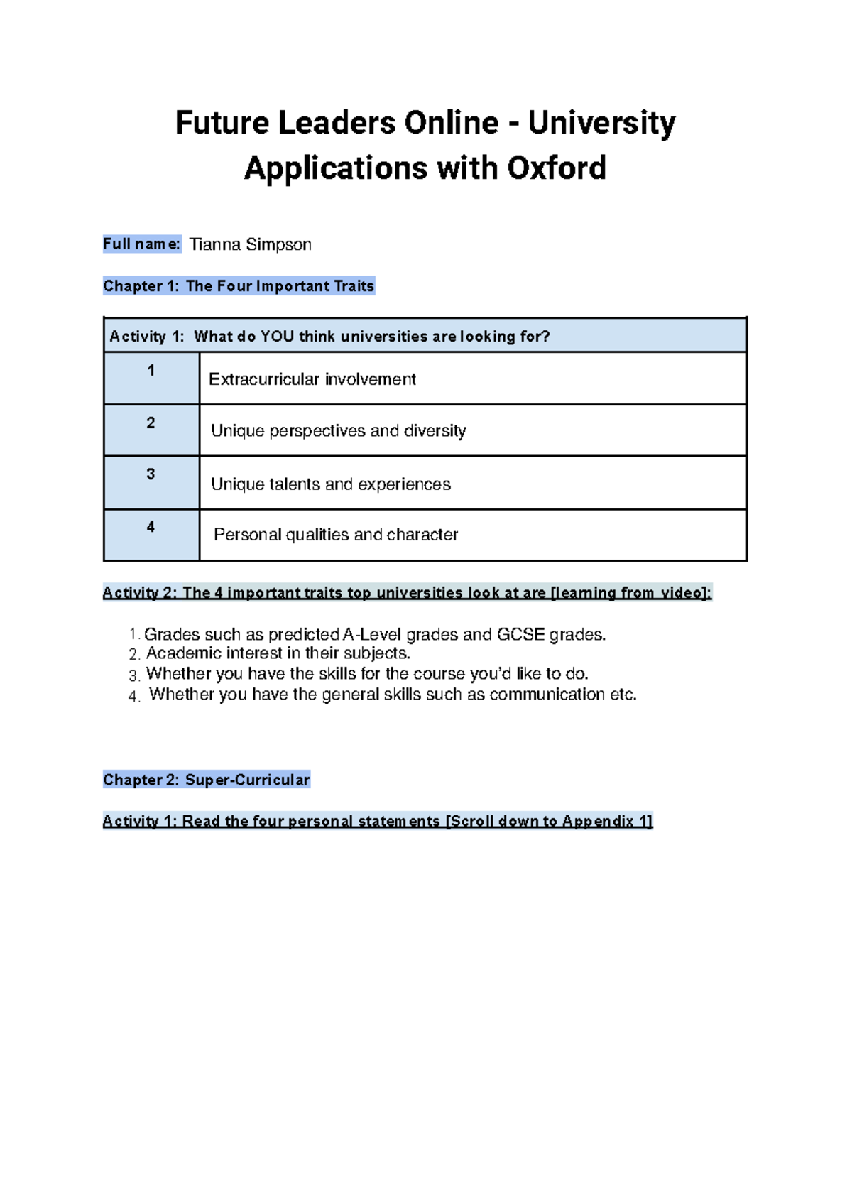 Tianna Simpson - Future Leaders Online - University Applications with ...