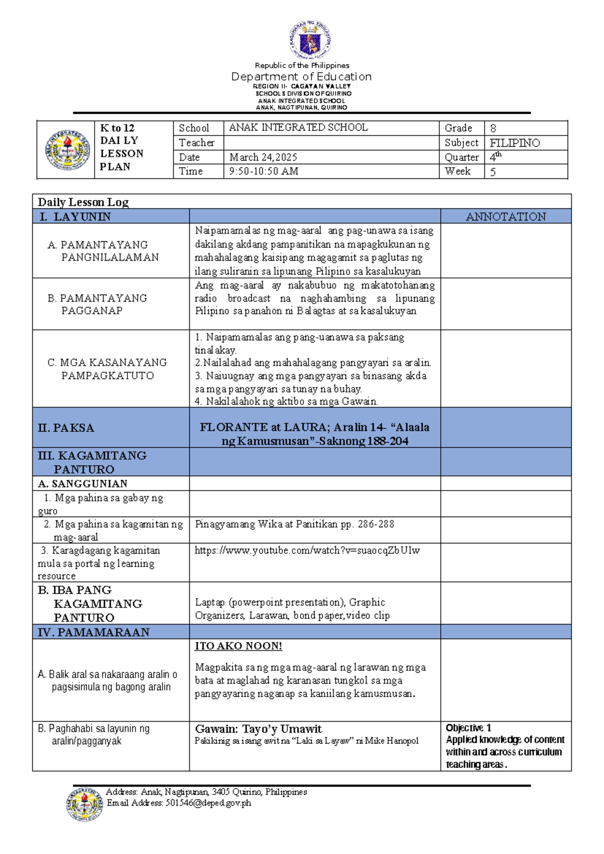 K to 12 Daily Lesson Plan for Filipino 4th Grade - March 24, 2025 - Studocu