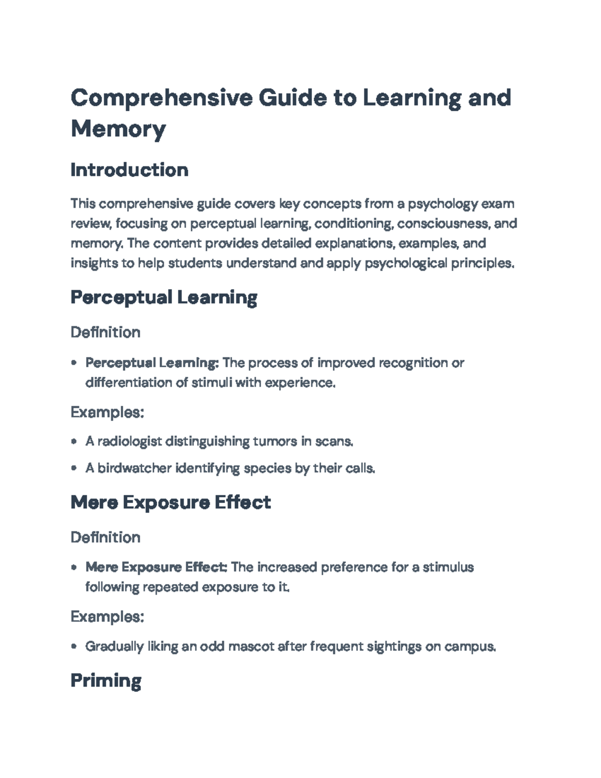 Psychology Exam Review: Learning and Memory Key Concepts ...