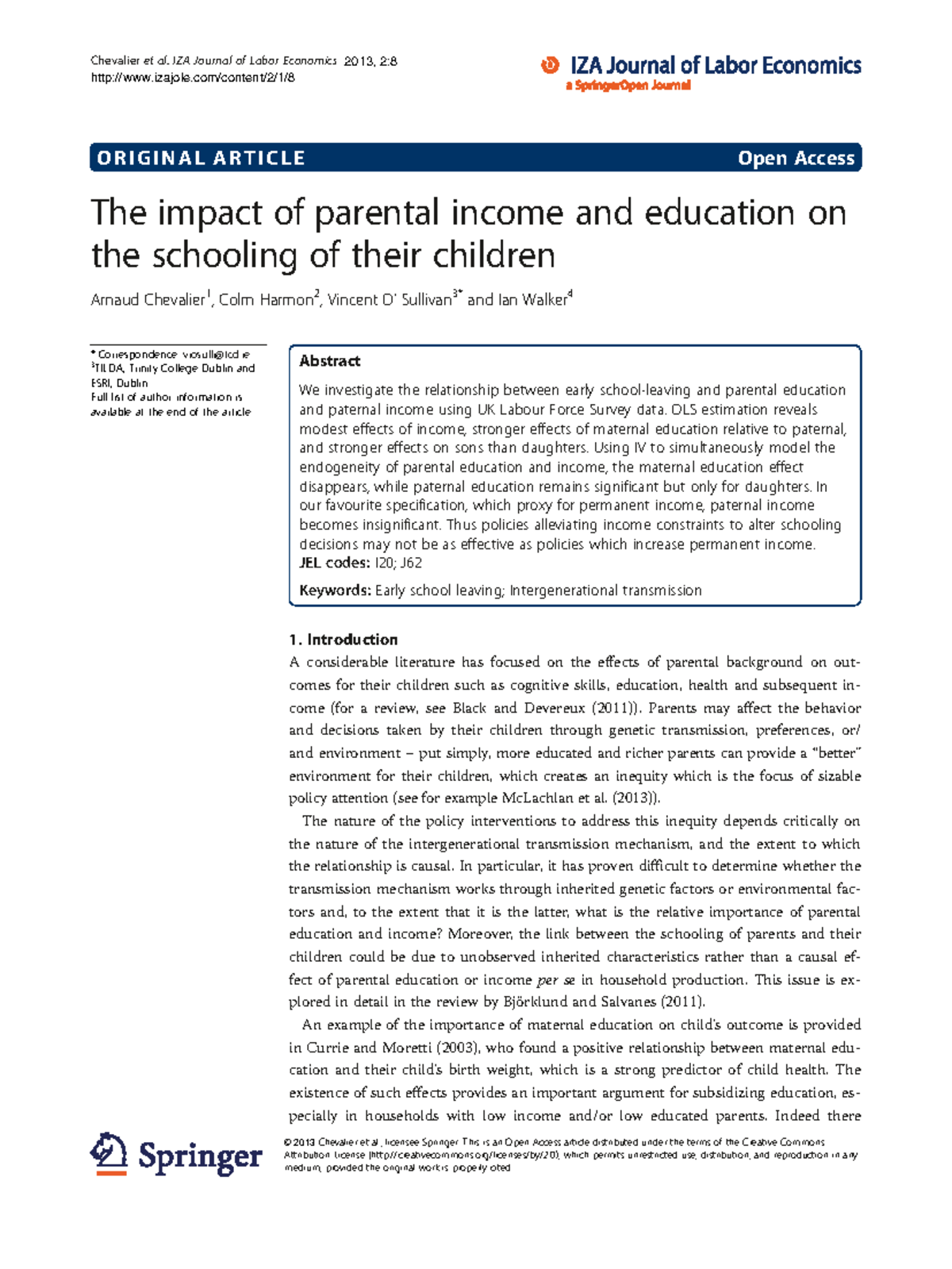 Chevalier et al. (2013) - Impact of Parental Income & Education on ...