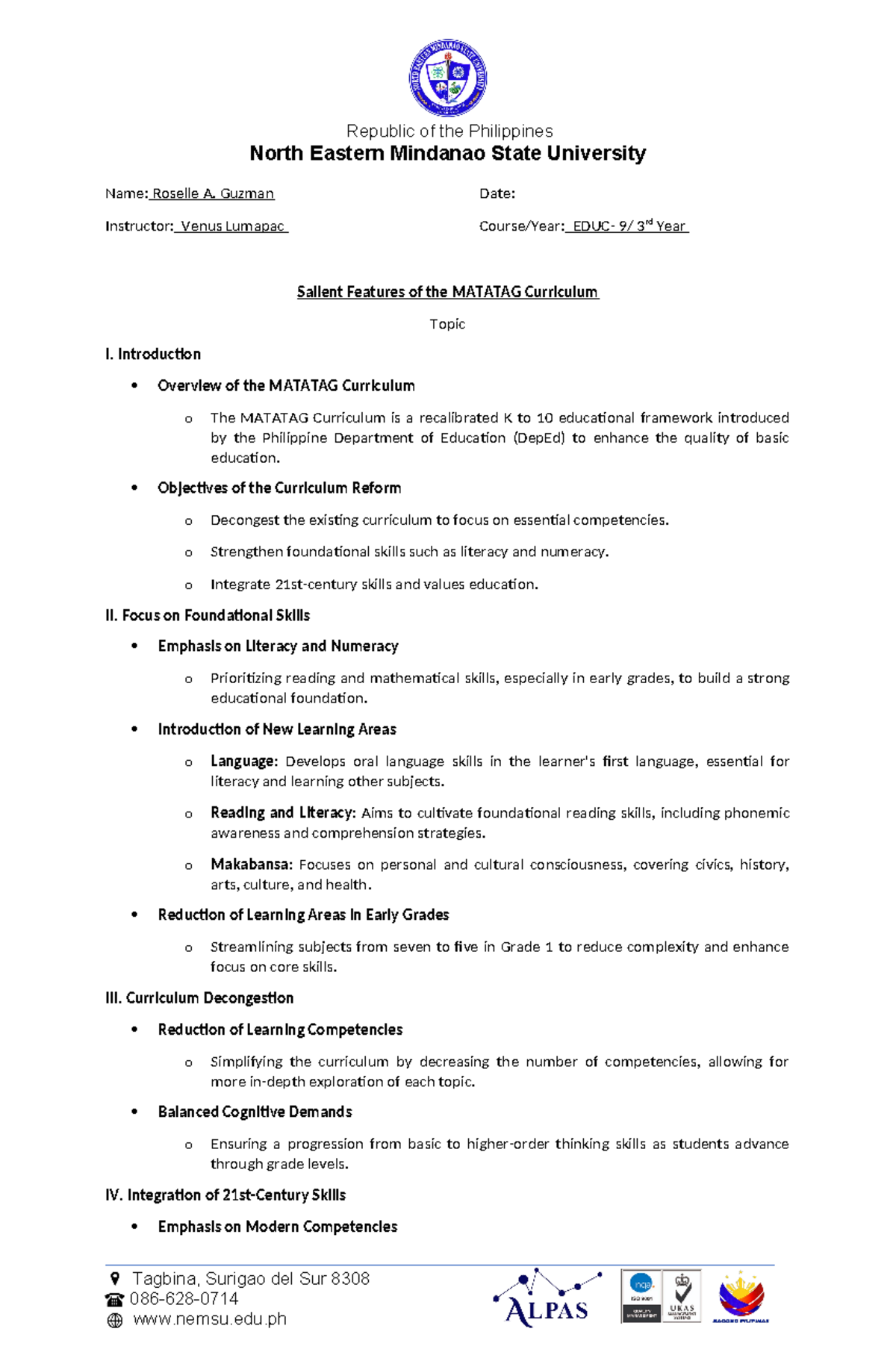 Salient Features of the MATATAG Curriculum - EDUC 9 Final Exam Notes ...