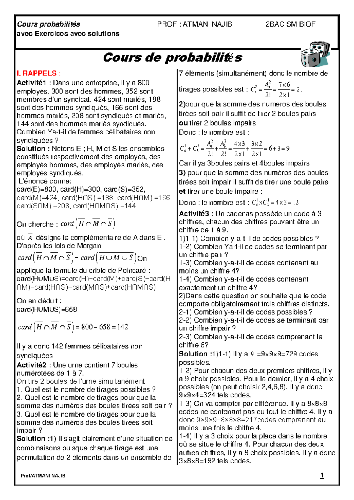 Cours de Probabilité avec Exercices et Solutions - 2 BAC SM BIOF - Studocu