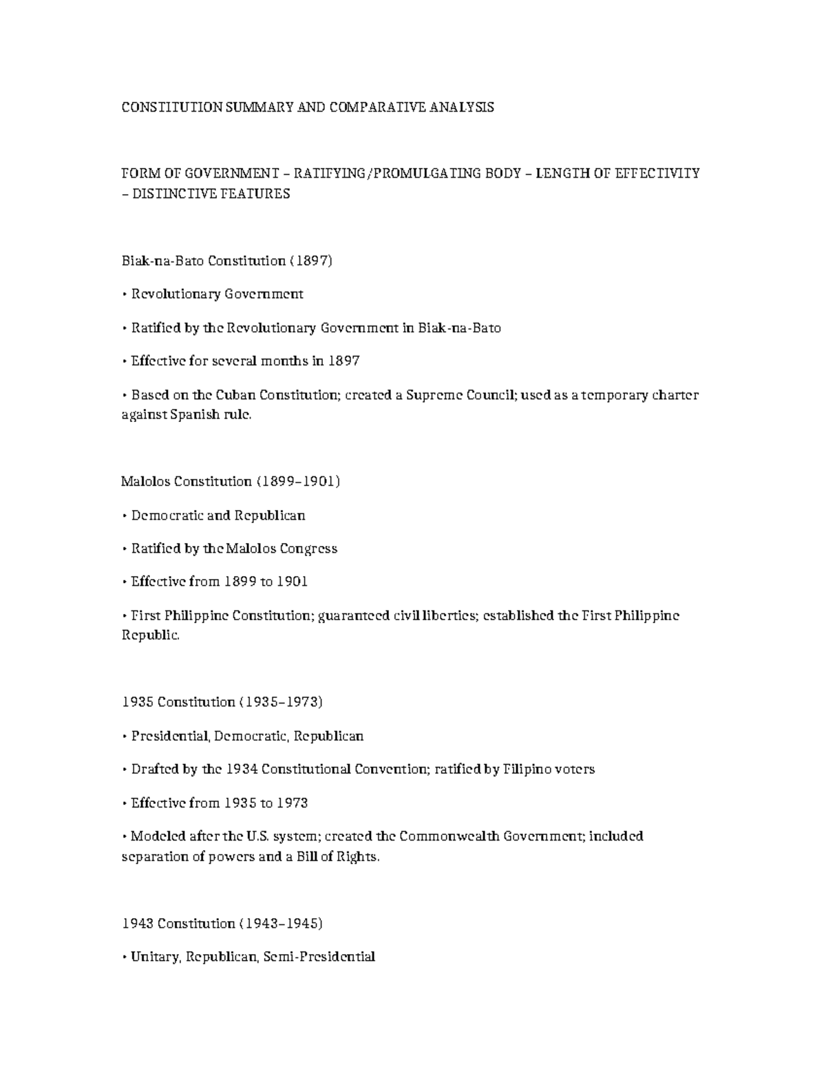 Revised Constitution Summary and Comparative Analysis (POLSCI 101 ...