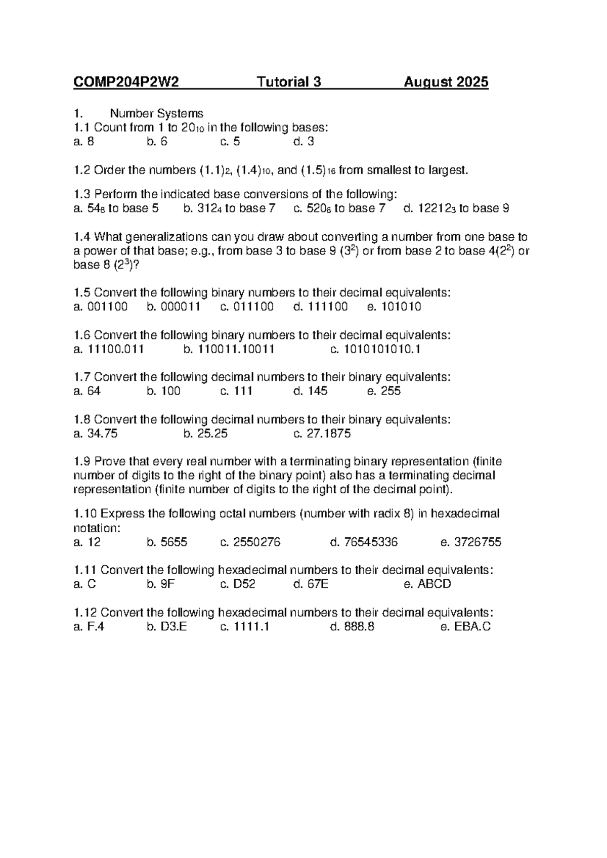 COMP204P2W2 Tutorial 3 Worksheet on Number Systems - Studocu