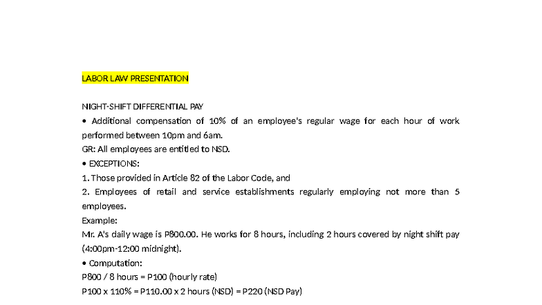 Labor Law Presentation: Differential Pay and Overtime Regulations - Studocu