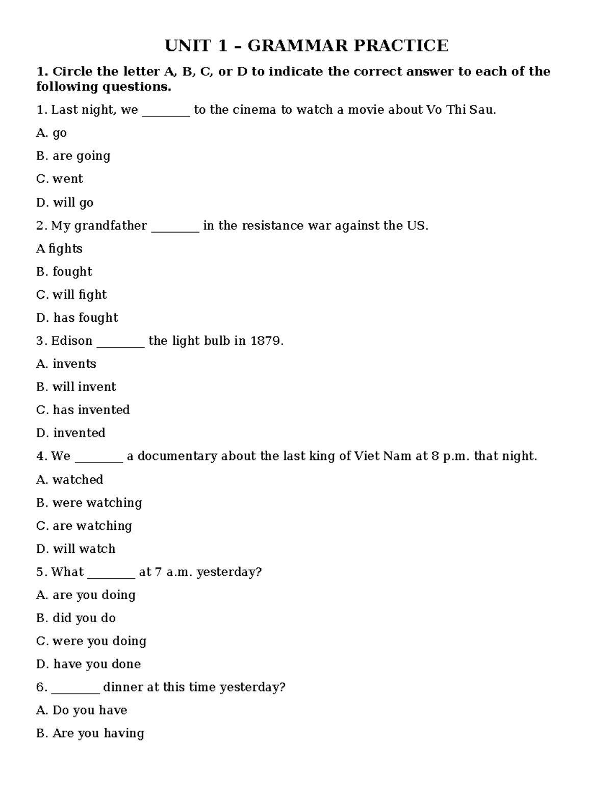 Exercise Grammar UNIT 1 - Extra Practice and Corrections - Studocu