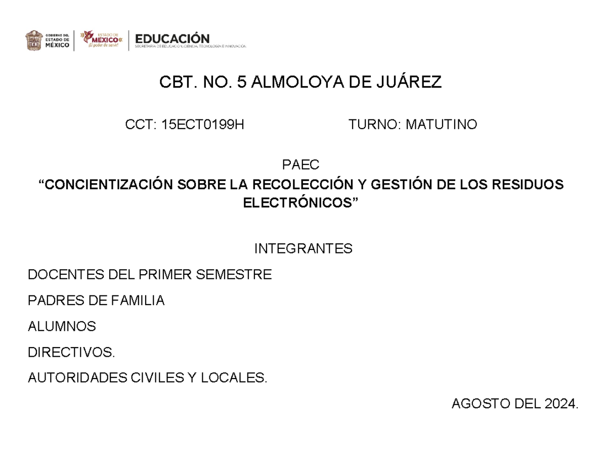 PAEC CBT5 2024-2025 - proyecto escuela aula - CBT. NO. 5 ALMOLOYA DE JUÁREZ CCT: 15ECT0199H ...