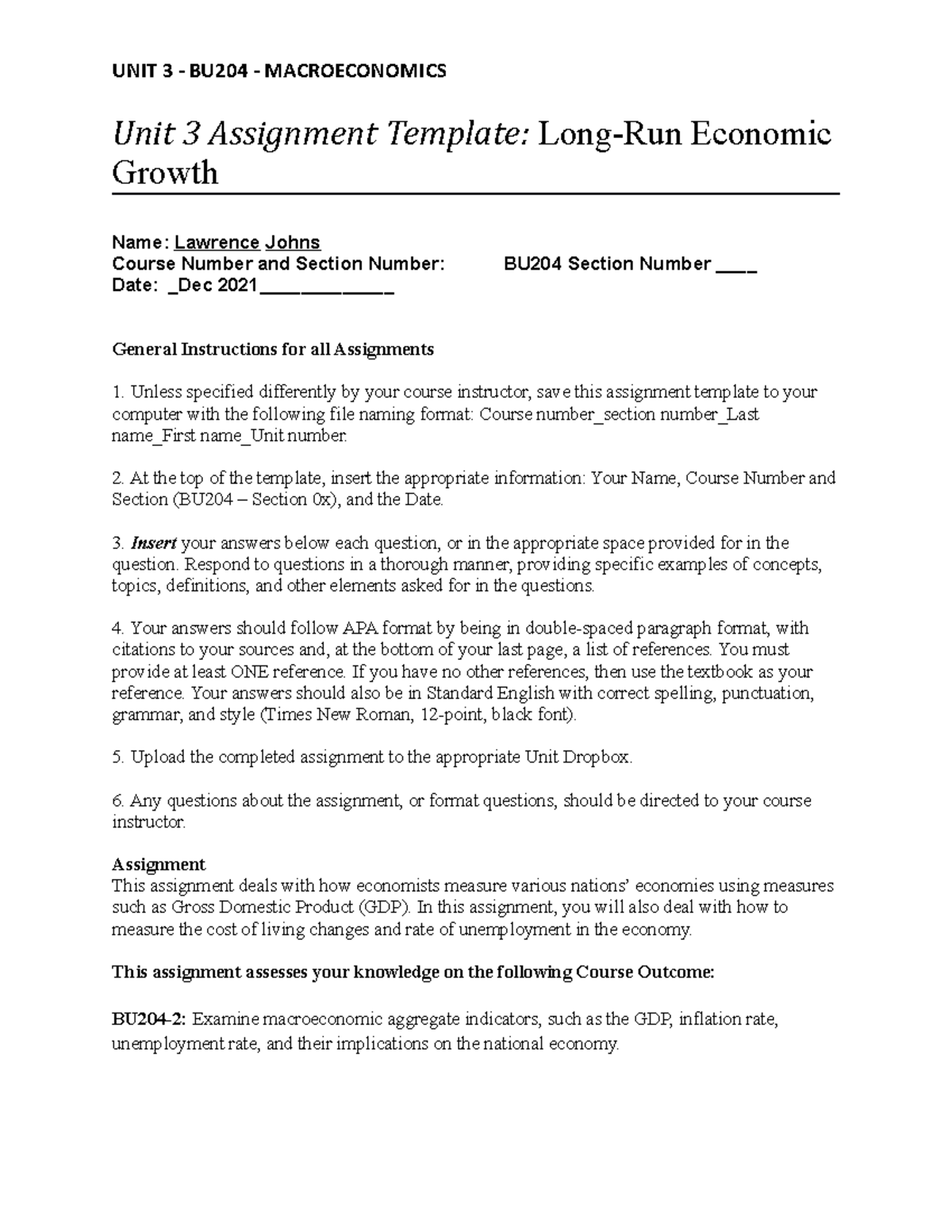 BU204 Unit 3 Long-Run Economic Growth Assignment Template - Studocu